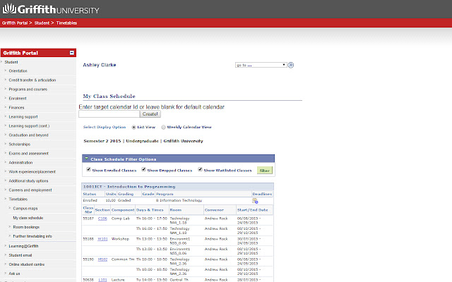 Griffith Class Schedule Exporter in Chrome met