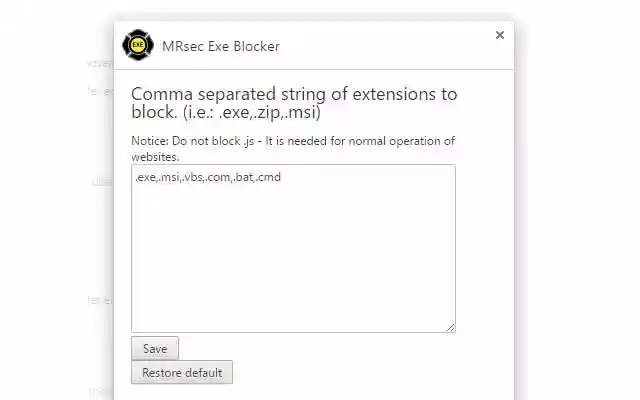 MRsec Exe Blockerin Chrome with by OffiDocs for